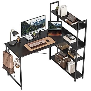 CubiCubi Computer Corner Desk with Storage Shelves, 47 Inch Reversible Small L Shaped Computer Desk, Home Office Writing Desk with 2 Hooks, Black