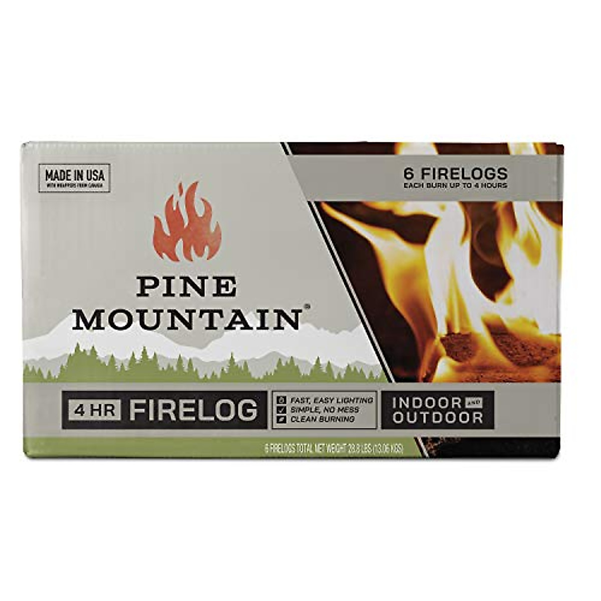 Pine Mountain Traditional 4-Hour Firelog, 6 Logs Long Burning Firelog for Campfire, Fireplace, Fire Pit, Indoor and Outdoor Use