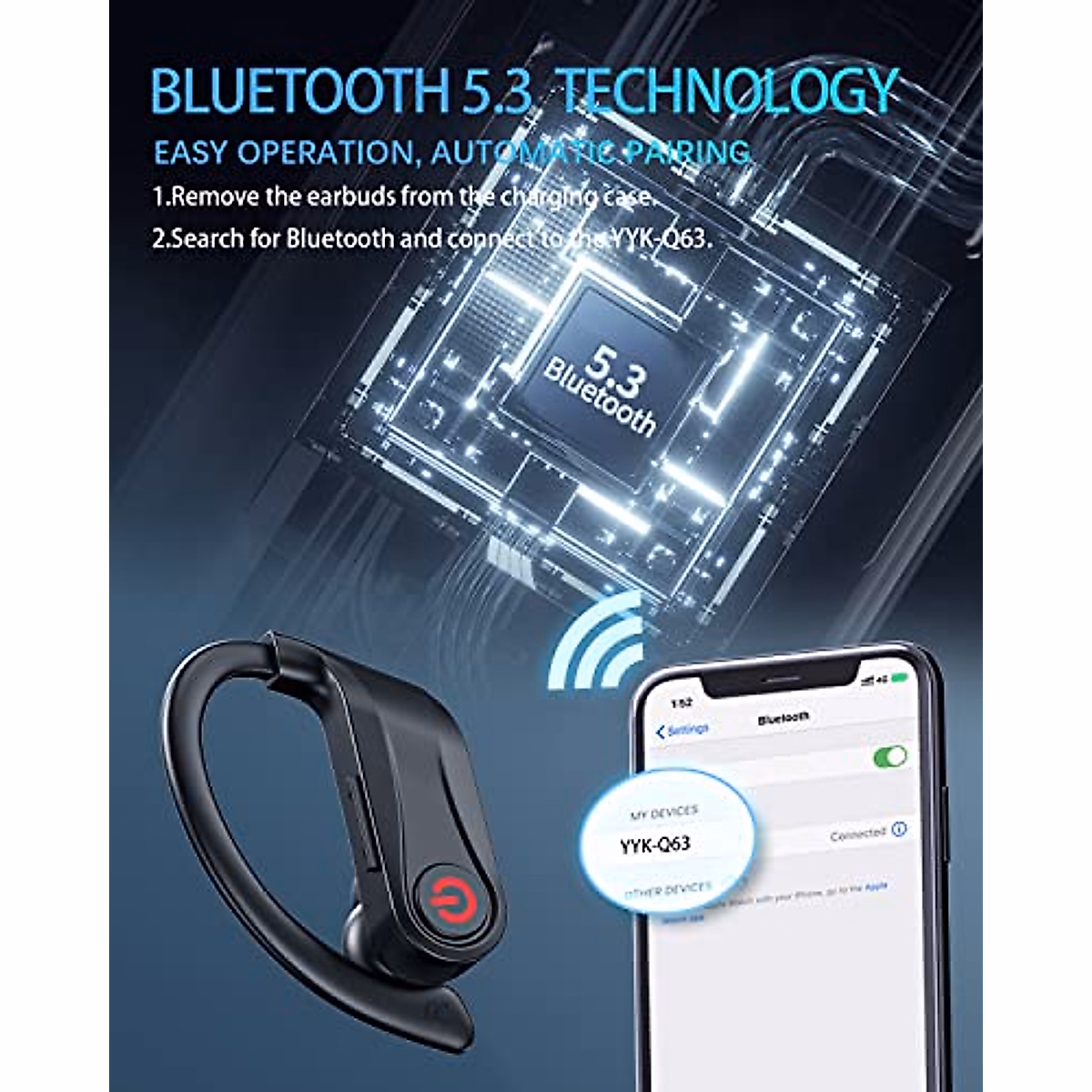 Wireless Earbuds Bluetooth 5.3 Sport True Wireless Earbuds with Microphone, Over-Ear Stereo Bass Ear Buds with Earhooks,Ear Phone Wireless Earbuds,LED Battery Display for Sports/Workout/Gym Black