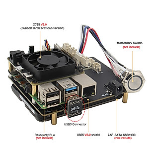 Geekworm X825 V2.0 2.5 inch SATA HDD/SSD Board + X735 Power Management Board + Metal Case with Power Switch and Cooling Fan + DC 12V 5A PSU Kit for Raspberry Pi 4 (Not Include Raspberry Pi 4)