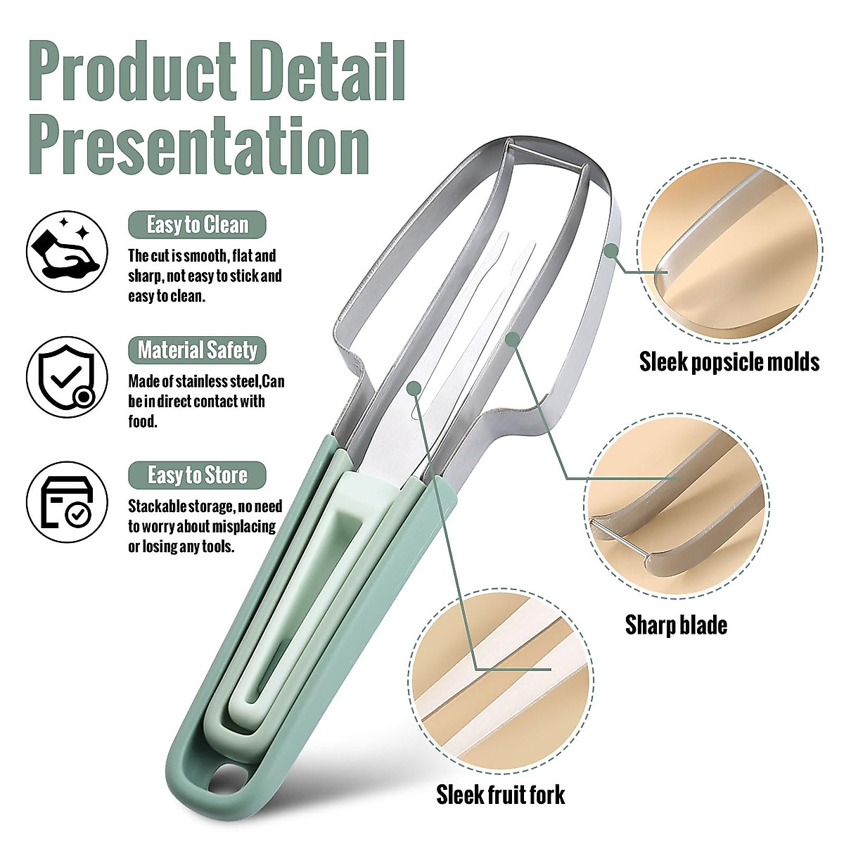 SINGYEIEC 3-in-1 Watermelon Cutter Slicer Tool, Stainless Steel Watermelon Slicer, Creative kitchen watermelon fork slicer cutter, Watermelon Popsicle Mould, melon cutter, portable fruit fork