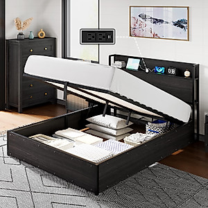 Amerlife Queen Size Lift Up Storage Bed Frame, Wooden Platform Bed Frame with Lifting Storage & Charging Station, No Spring Box Needed/Noise Free, Black