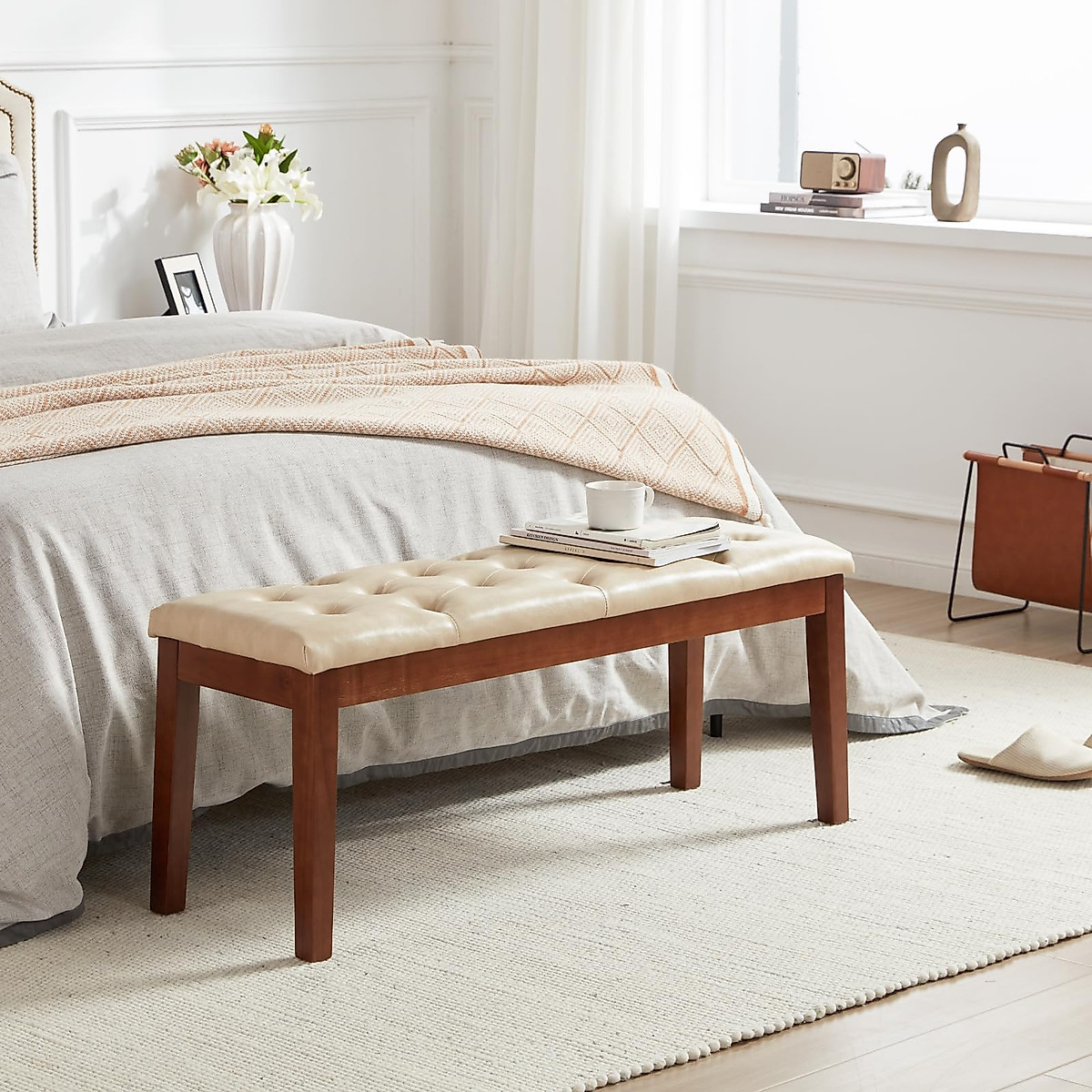 MILCIL Ottoman Bench Upholstered Padded Seat with Solid Wood Legs and Button-Tufted, Faux Leather Ivory