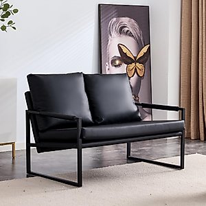 Rustic Faux Leather Loveseat Sofa Couch,Sleeper Sofa Bed for Small Living Spaces Bedroom Guest Room Apartment w/Metal Frame and Comfortable Cushions,Small Love Seats Couch,Easy Assembly (Black)