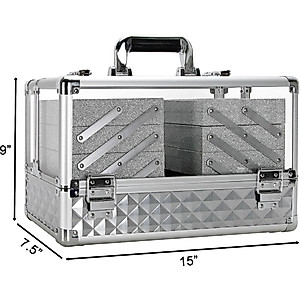 Ver Beauty 3.8mm Armored Acrylic Makeup Case Jewelry Portable Travel Art Craft Tattoo Organizer with 6 Extendable Trays Clear Cover Micro-Fiber Cloth Brush Holders Keylocks, Silver Diamond