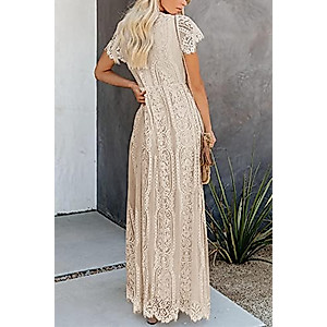 PRETTYGARDEN Women's Floral Lace Maxi Dress 2023 Short Sleeve V Neck Bridesmaid Wedding Evening Party Dresses (Apricot,Medium)