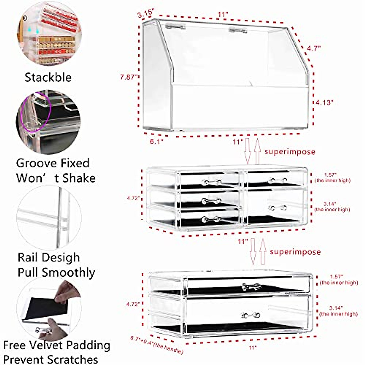 Cq acrylic Cosmetic Display Cases With LId Dustproof Waterproof for Bathroom Countertop Stackable Clear Makeup Organizer and Storage With 7 Drawers,Set of 3