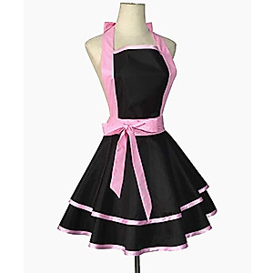 Hyzrz Lovely Handmade Cotton Retro Black Aprons for Women Girls Cake Kitchen Cook Apron for Mother's Gift (Pink)