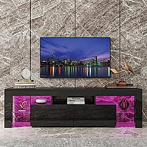 Qiyom Modern High Gloss LED TV Stand for TVs Up to 70", Media Console with 2 Drawers and 2 Glass Shelf, Rustic Entertainment Center for Living Room - Black