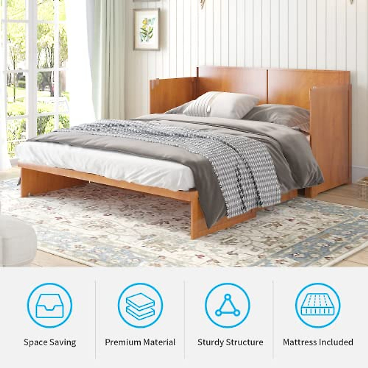 Mjkone Murphy Bed, Queen Murphy Cabinet Bed with Foldaway High Elasticity Foam Mattress Murphy Chest Bed with Large Storage Drawers Murphy Bed Cube Cabinet with USB Charging Station, Cherry