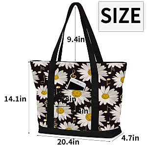 AUUXVA Flower Daisy Music Notes Pattern Canvas Tote Bags Zipper Closure Large Teacher Tote Women Handbag Tote Purse Shoulder Bag with Inner Pockets for Office, Travel