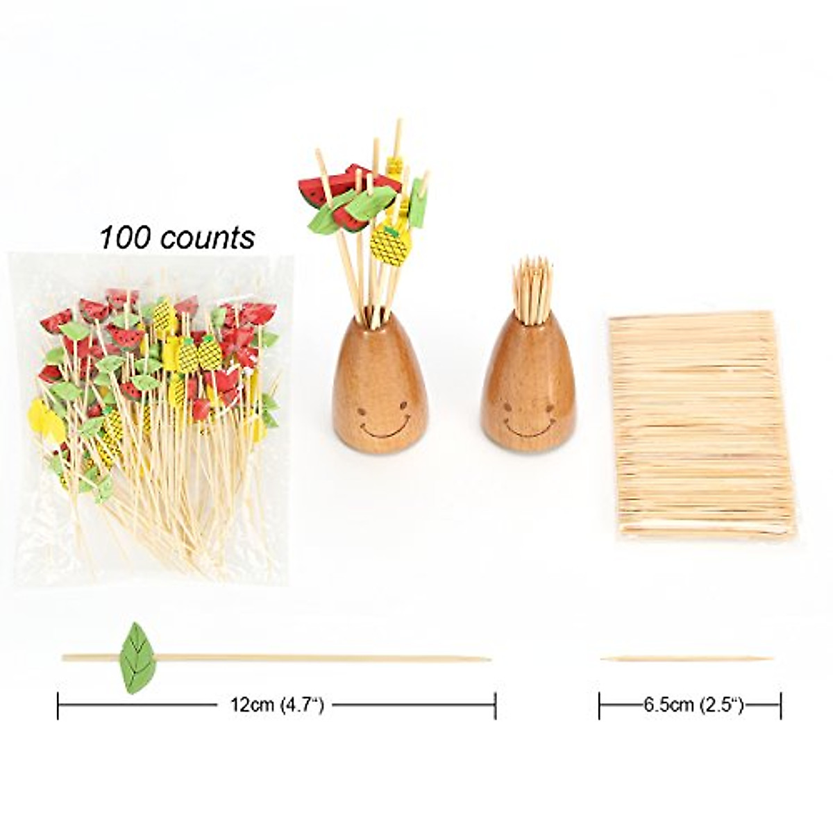 Minisland Mix-colored Fruits Watermelon Pineapple Leaf Cocktail Toothpicks 4.7 Inch Long Bamboo Skewers for Appetizers Drinks Hawaiian Party Food Picks 100 Counts- MSL115