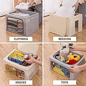 FHSQX Storage Bins, Large Capacity Clothes Bag Organizer with Window & Carry Handles, Foldable Stackable Container Set, Closet Organization for Comforters (2-PACK) (Beige, Big 19.7 x 16 x 13.7)