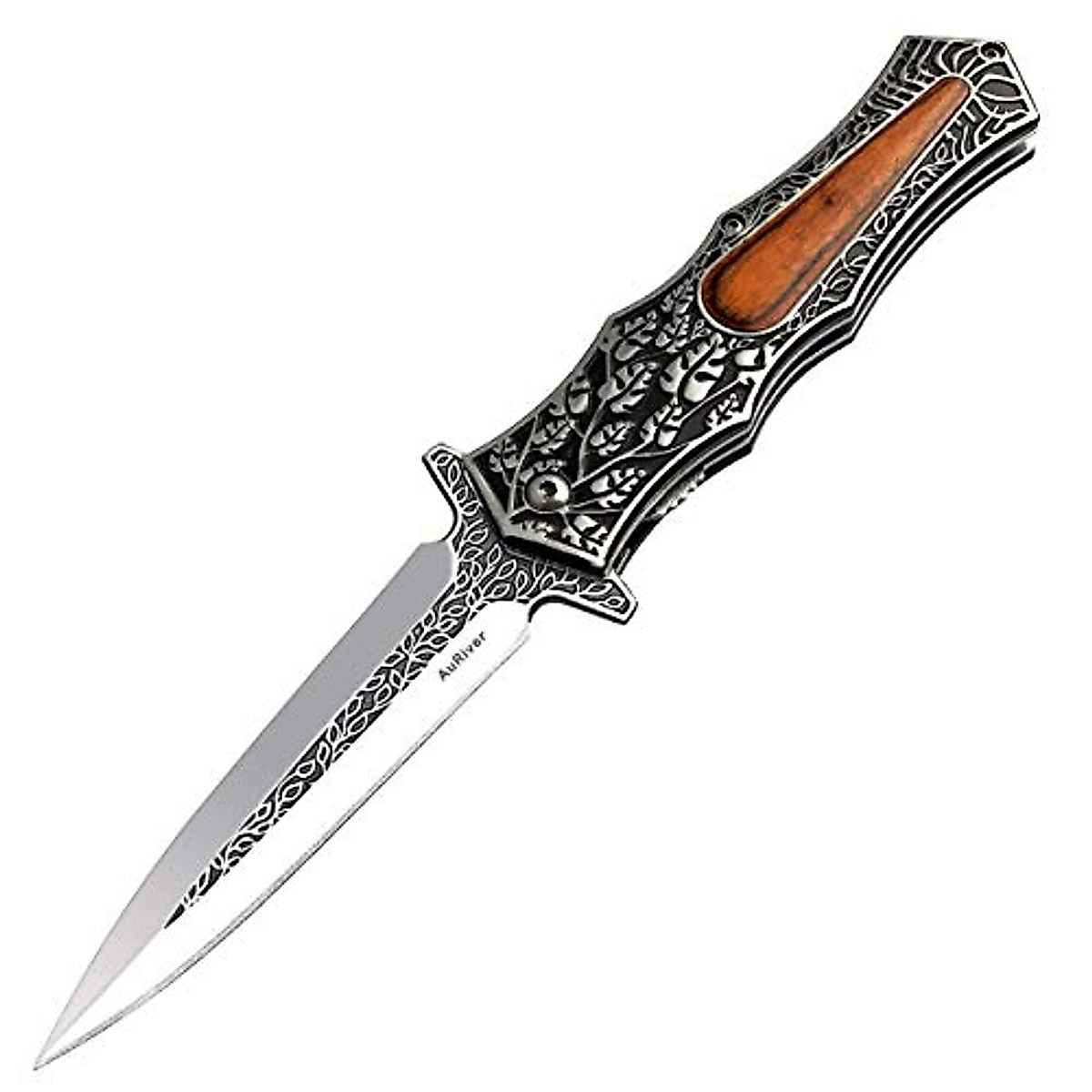 AuRiver Folding Knife, Stainless Steel Pocket Knife with Retro Emboss Patterns and Pocket Clip on Handles, Folding Knives for Camping, Fishing or Favorites