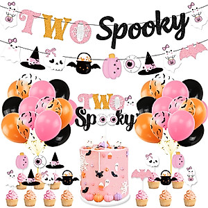 K KUMEED Pink Halloween 2nd Birthday Decorations,Two Spooky Themed Banner,Cute Ghost Eyeballs Hat Cake Topper and Latex Balloons for Girls Halloween 2 Year Old Party Supplies