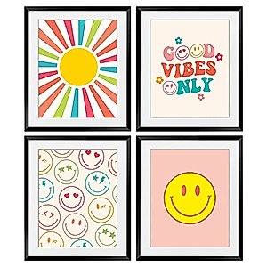 OGILRE Pink Smiley Face Good Vibes Only Preppy Wall Art Decorations Prints, Boho Sun Abstract Sunrise Poster, 8x10 Inch 4 Set UNFRAMED
