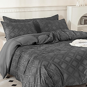 JELLYMONI Dark Grey Duvet Cover Twin Size - 3 PCS Microfiber Tufted Duvet Cover Set, Boho Textured Duvet Cover Jacquard Rhombus Geometric Pattern Duvet Cover with Corner Ties & Zipper Closure