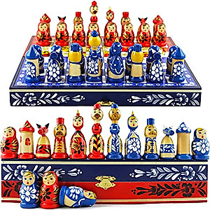 Russian Khokhloma vs Gzhel Themed Chess Set - Hand Painted Wooden Chess Pieces as Matryoshka Dolls - Souvenir Board Games for Adults - Chess Gifts