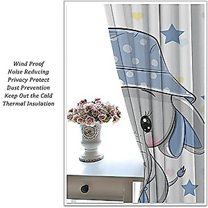 Denruny Cartoon Cute Elephant Curtain Nursery Baby Elephant with Blue Hat Windows Drapes for Nursery Room Kids Room Gifts for Boys and Girls Rod Pocket 2 Panels 63L x 21W