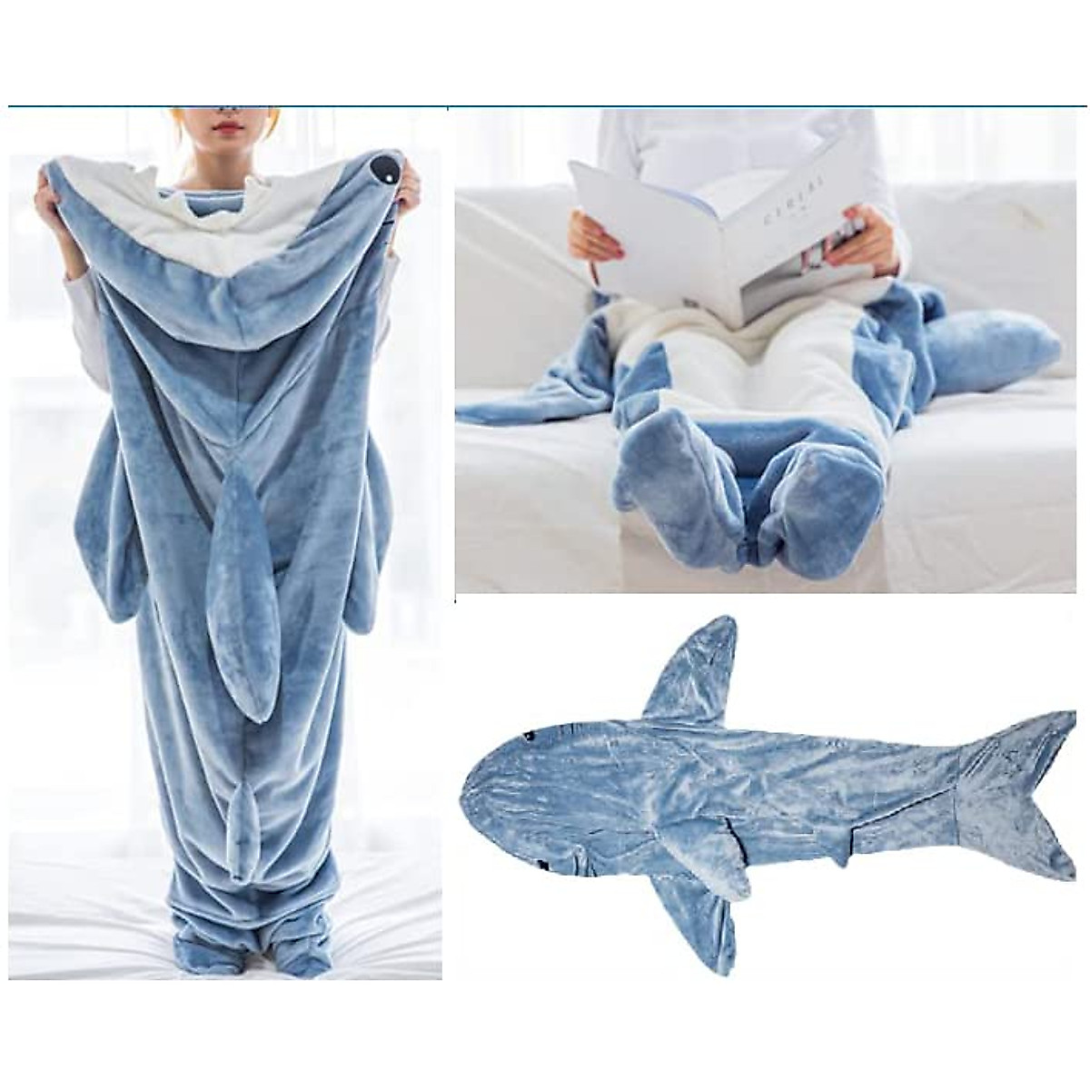 Shark Blanket Super Soft Cozy Flannel Hoodie Shark Sleeping Bag Shark Tail Wearable Fleece Throw Blanket for Adult Children XXL