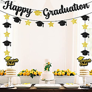 Glitter, Happy Graduation Banner - 10 Feet Cap Garland, No DIY | Graduation Banner Black, Gold for Graduation Party Decorations 2023 | Black and Gold Graduation Decorations, Class of 2023 Decorations