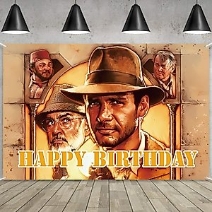 Indiana Jones Party Supplies, 5x3FT Indiana Jones Happy Birthday Party Banner Indiana Jones Party Decoration Backdrop Background for Baby Shower Girls and Boys