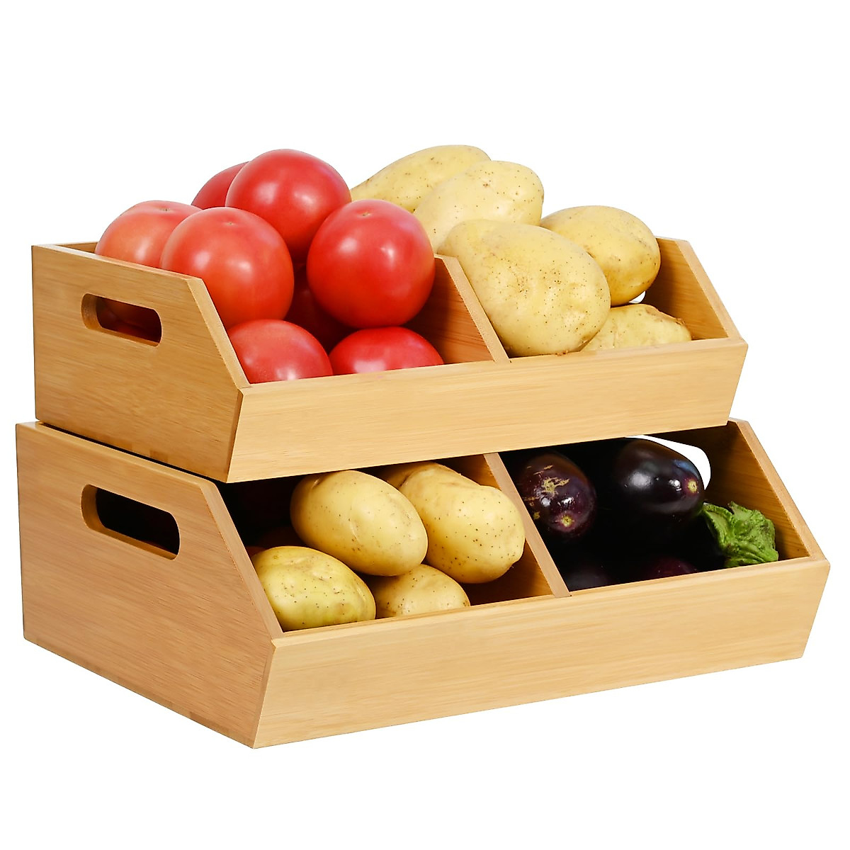 Ollieroo Bamboo Stackable Storage Bin, Pantry Organizer and Storage Baskets, Potato and Onion Kitchen Organizer, Kitchen Storage Containers for Produce, Fruit, Bread, Vegetable, Garlic, Pack of Two