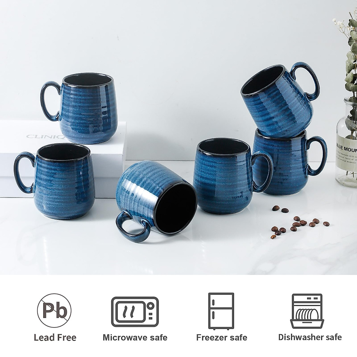 Hasense Cappuccino Cups 10 oz, Small Coffee Cups Set of 6, Ceramic Mugs with Handle for Coffee, Tea, Milk and Mocha, Mini Mugs for Christmas Gift, Dishwasher & Microwave Safe, Blue