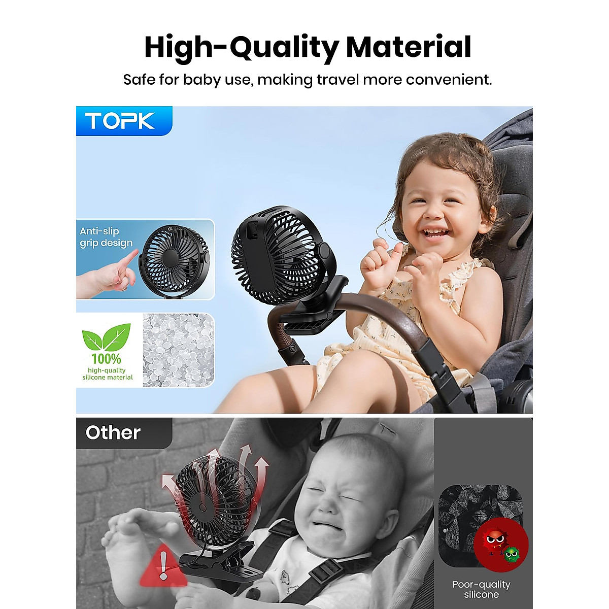 TOPK Portable Clip on Fan, 5000mAh Small Rechargeable Fan, Battery Operated, 4 Speeds, 720° Rotation, Ultra-Quiet, Personal Cooling Desk Fan for Bedroom/Office/Stroller/Golf/Library/Travel/Camping