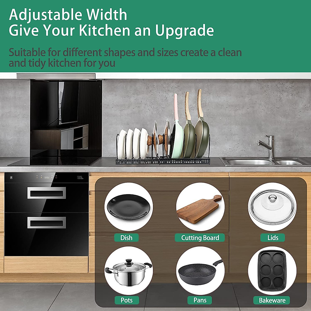 Expandable Pot and Pan Organizers for Cabinet Pot Lid Organizer Pot Rack with 10 Adjustable Dividers Pots Lid Holder Kitchen Pantry Bakeware Organizer and Storage (White)