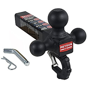 REYSUN Trailer Hitch Tri Ball Mount with Hook, Tactical Tow Hook, Fits 2 inch Hitch Receiver, Secure with Self-Lock Latch, Matt Black