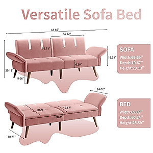Shintenchi Futon Sofa Bed Modern Folding Sleeper Couch Bed for Living Room,Velvet Loveseat Sofa Couch Sofa cama for Apartments Office Small Spaces,w/Adjustable Armrests Backrest,Pink