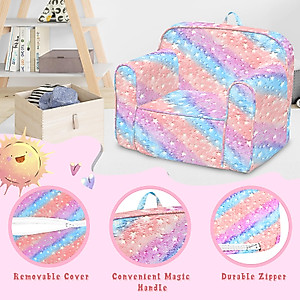 magic handle Kids Chair, Toddler Armchair with Foam, Glow in The Dark Kids Foam Sofa with Plush Removable Washable Cover Carrying Handle (Rainbow Pink)