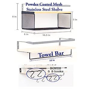 Pre-Drilled Floating Shelves for Bath, Kitchen, & Bedroom - Wall Mounted Natural Wood Floating Shelves with Steel Towel Bar, Mesh Storage Basket & Hardware for Installation - 2 Pack