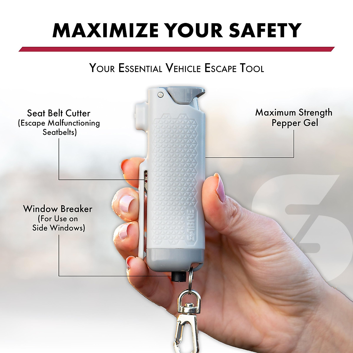 SABRE Safe Escape 3-In-1 Pepper Gel With Seat Belt Cutter & Window Breaker, Maximum Strength Pepper Spray, Snap Clip Keychain for Easy Carry & Fast Access, 0.54 fl oz, Easy to Use Fast Flip Top Safety