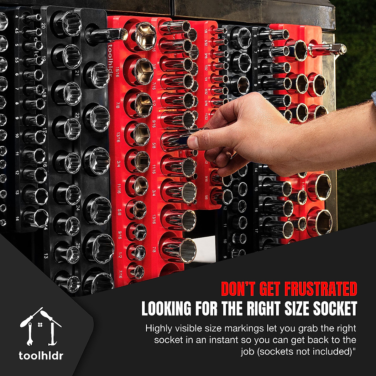 toolhldr Magnetic Socket Organizer - Metric & SAE Socket Tool Organizer Storage for 1/4", 3/8", 1/2" Drives - Fits Drawers, Toolboxes, Attaches to Metal Wall - Easy-to-Read - 6-Pack Black and Red
