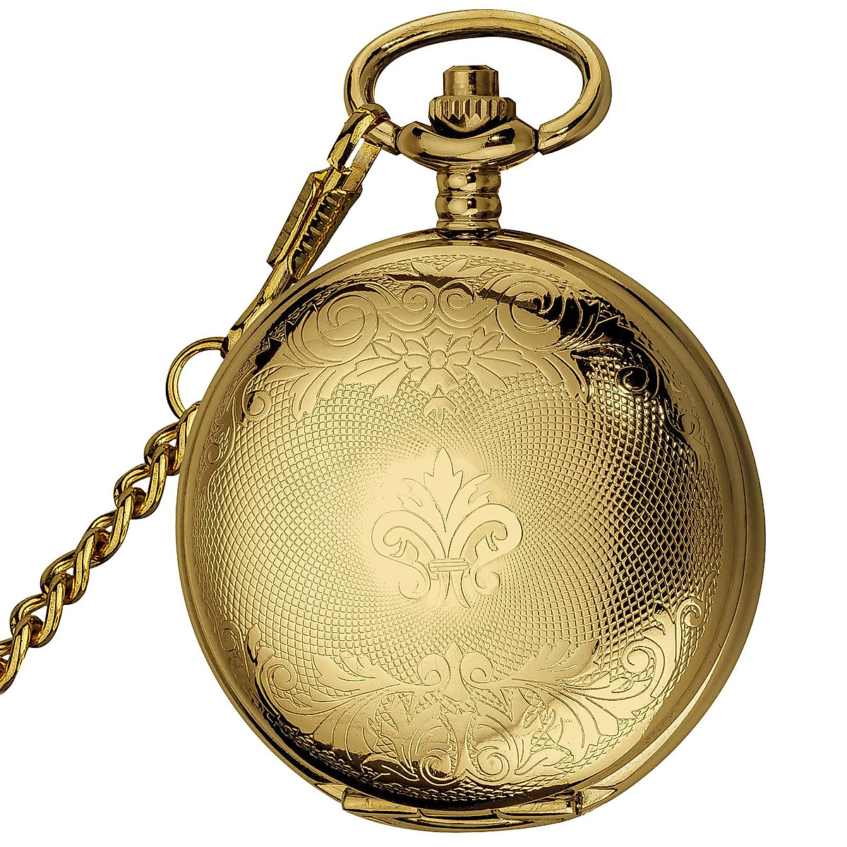 VIGOROSO Mens Pocket Watch with Chain Half Hunter Double Cover Skeleton Mechanical Watches Gold Roman Numeral in Box