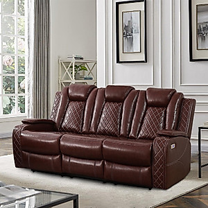 GEBADOL Power Reclining Sofa Set, Living Room Furniture Set with USB Ports, Leather Recliner Couches Set for Living Room/Apartment/Office/Home Theather (Burgundy, Sofa)