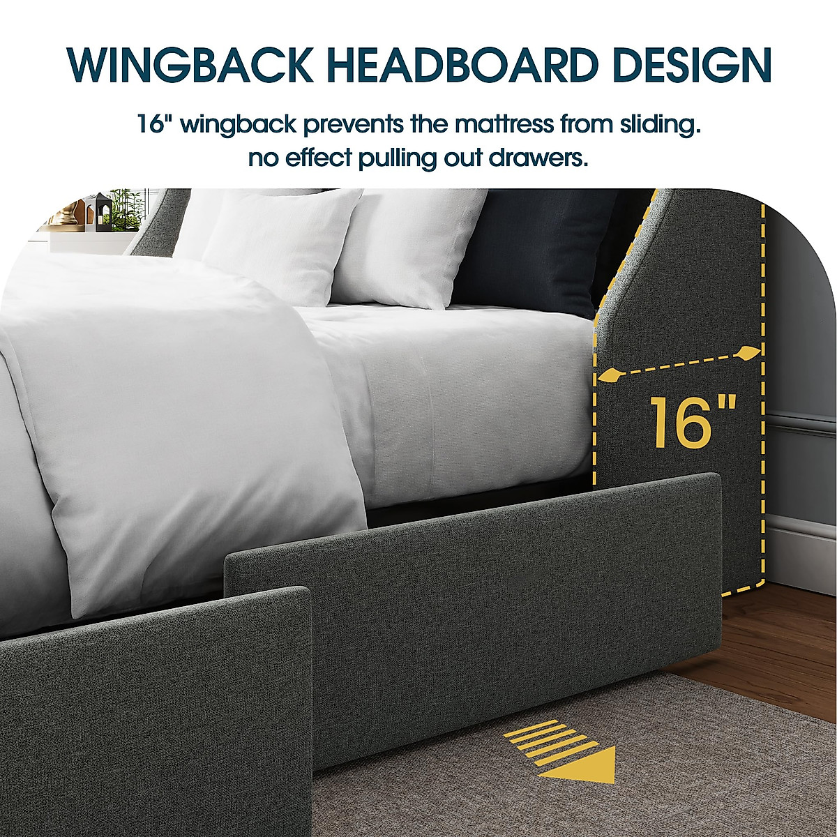 WEEWAY Upholstered Queen Size Bed Frame with 4 Storage Drawers and Wingback Headboard, Button Tufted Design, No Box Spring Needed, Easy Assembly, Light Grey