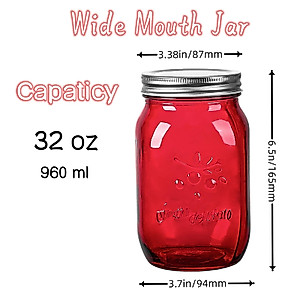 Amzcku 32oz Red Mason Jars with Lids, 6 Pack Wide Mouth Quart Canning Jar, Safe For Storage, Canning, Pickling, Preserving, Fermenting, DIY Crafts & Decor