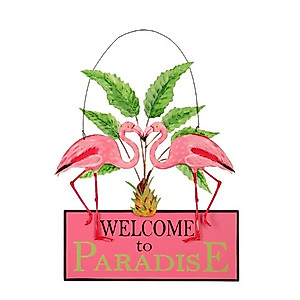 Sunset Vista Designs Kathy Hatch Pretty in Pink Flamingo Welcome to Paradise Sign, 14 by 10-Inch