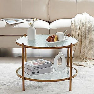 VINGLI 25.6" Small Matte Gold Round Coffee Table Water-Wave Glass Circle Clear Coffee Table, Center Table with 2-Tier Modern Storage Design for Living Room, Bedroom, Meeting Room, Balcony, Patio