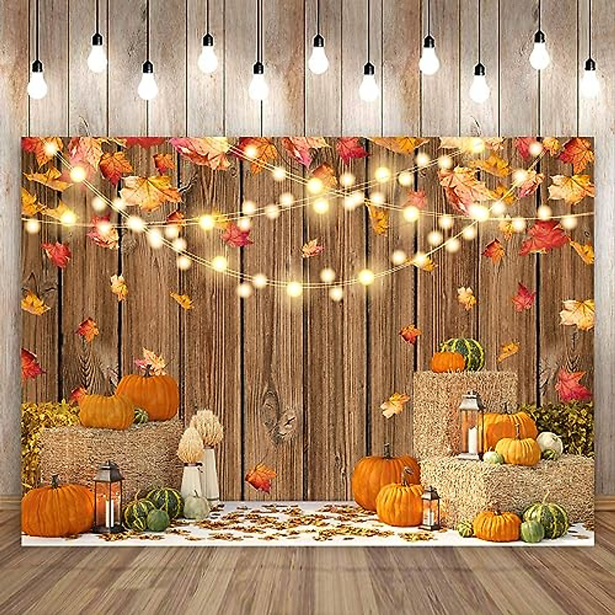 LYCGS 7X5ft Fall Backdrop Fall Thanksgiving Photography Backdrop Autum Rural Wooden Pumpkin Maple Leaf Haystack Backdrop Thanksgiving Photo Background Thanksgiving Party Decoration Banner X-157