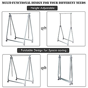 Tangkula Extendable Garment Rack, Heavy Duty Foldable Clothes Rack with Adjustable Hanging Rod, Rolling Clothes Hanger for Home Office (Silver)