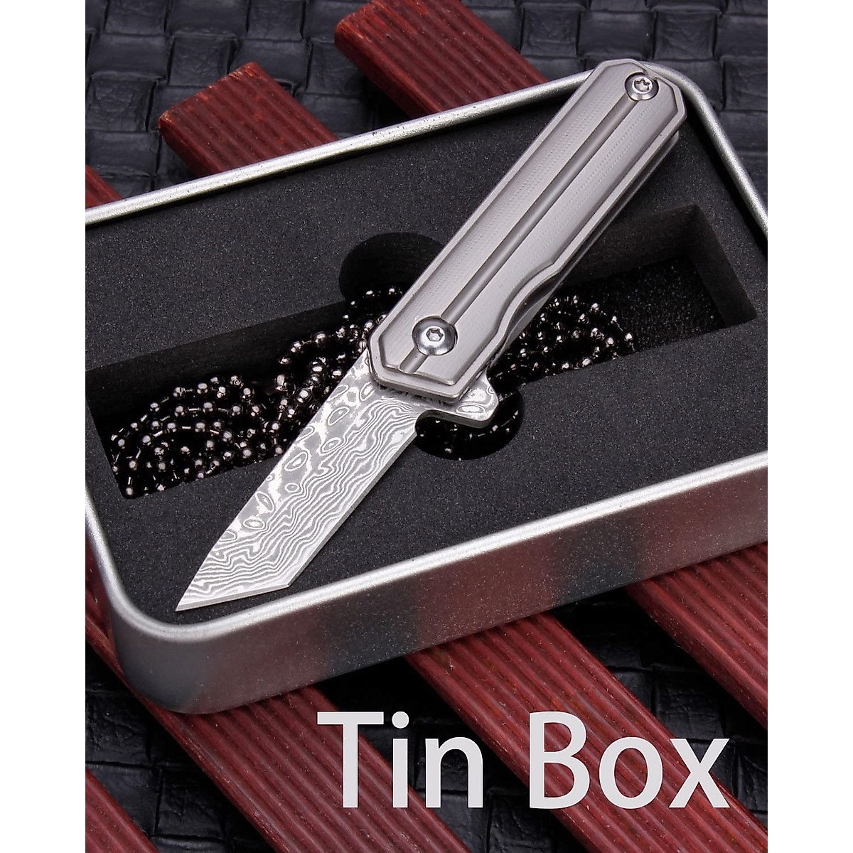 Samior HY004 Mini Titanium Handle Pocket Knife, 1.4 inches Damascus Blade, Keychain Utility Neck EDC Knives for Box Opening (Tanto Point)
