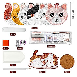 FEELOOK Diamond Painting Coasters with 3D Holder 6Pcs Cat Coasters DIY Diamond Art Crafts for Adults Kids and Beginners Art Craft Supplies Gift