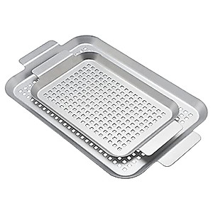 Grill Basket Set of 2 - Nonstick Grilling Tray Durable Grill Pans with Holes for Outdoor Grill Small and Big Topper Baskets BBQ accessories for Vegetable, Fish, Meat, Seafood 11"x7" & 14"x10"