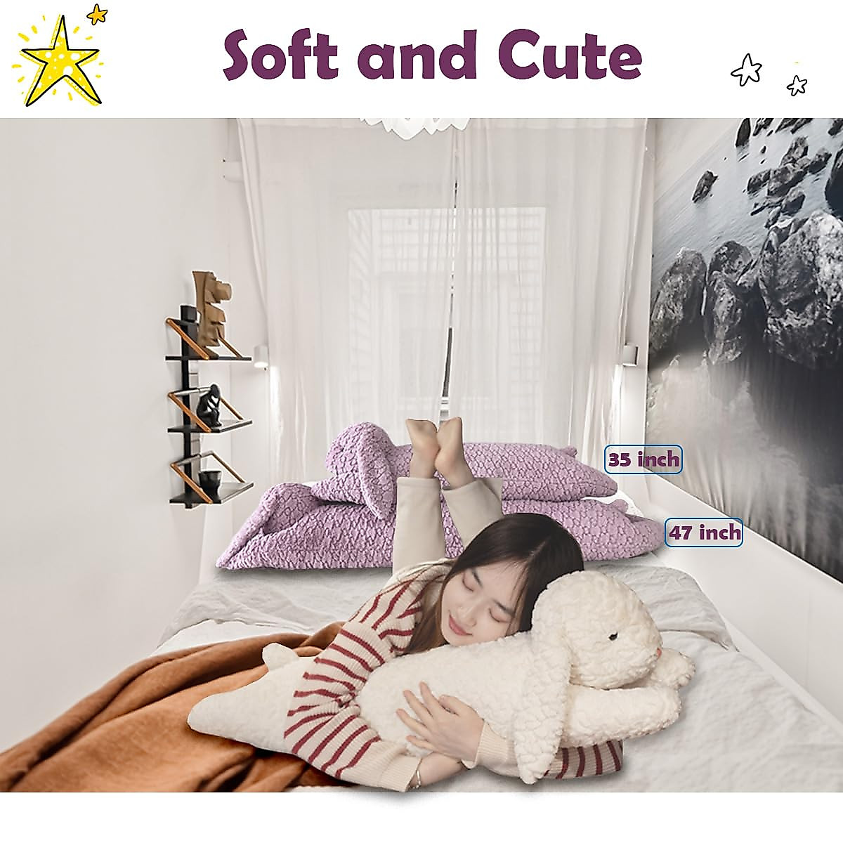 Hofun4U Rabbit Plush Pillow, Rabbit Stuffed Animal, Rabbit Plush Long Body Pillow Gift for Kids Adults (White,47 inch)