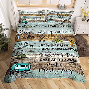 Camping Rules Duvet Cover Camper Bedding Set Queen Size for Kids Child,Rustic Cabin Camping Comforter Cover(No Comforter),Farmhouse Camping Decor Quilt Cover Vintage Wooden Plank Happy Camping Decor