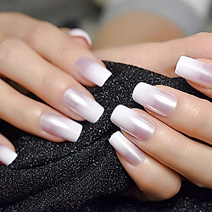 EchiQ Pearl Shine Glossy Fake Nails Shimmer White Square French Nail Ombre Faux Ongles Gradient Medium Fingernails with Gluetabs